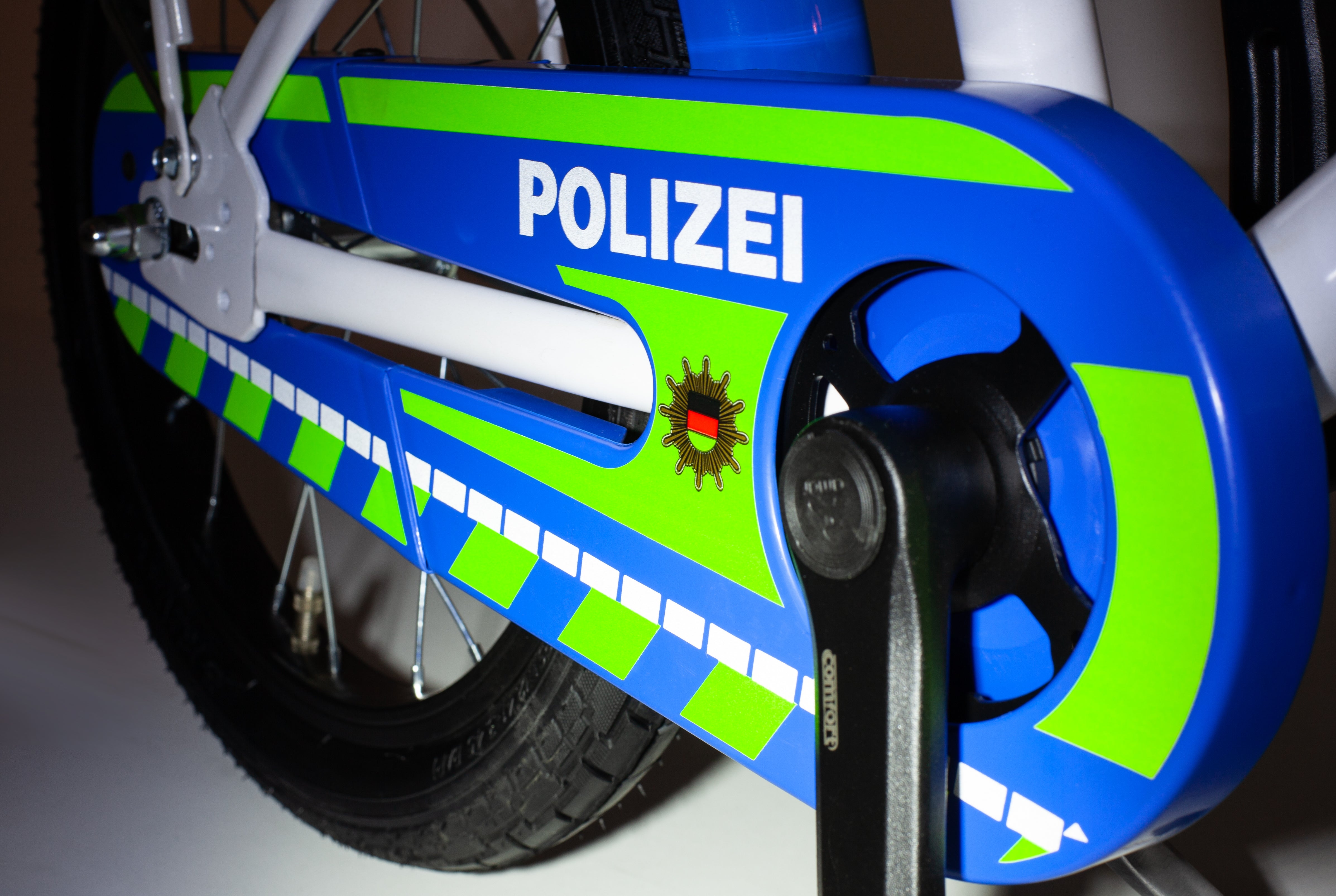 14" Kinderfahrrad "POLIZEI", kristallweiß/ blau (Edition 2023) – kinderfahrrad.com